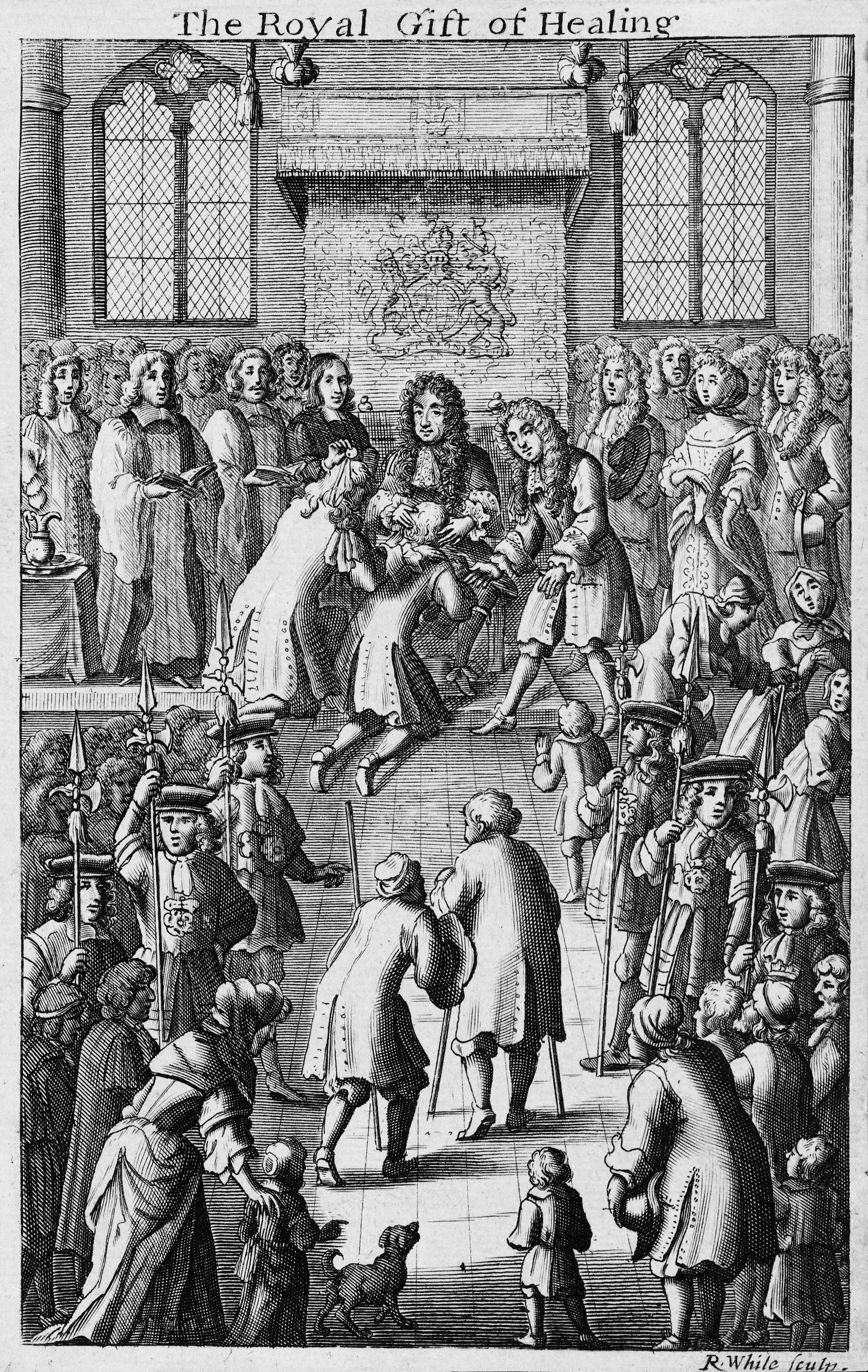 Charles II touching a patient for the king's evil (scrofula) surrounded ...