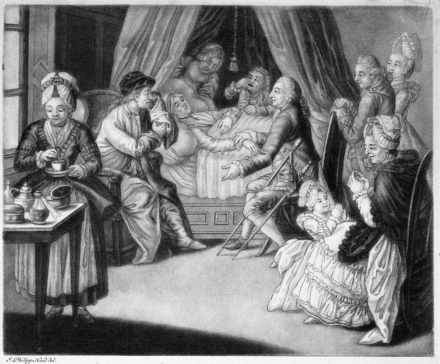 A sick man in bed, attended by a physician, and surrounded by members ...