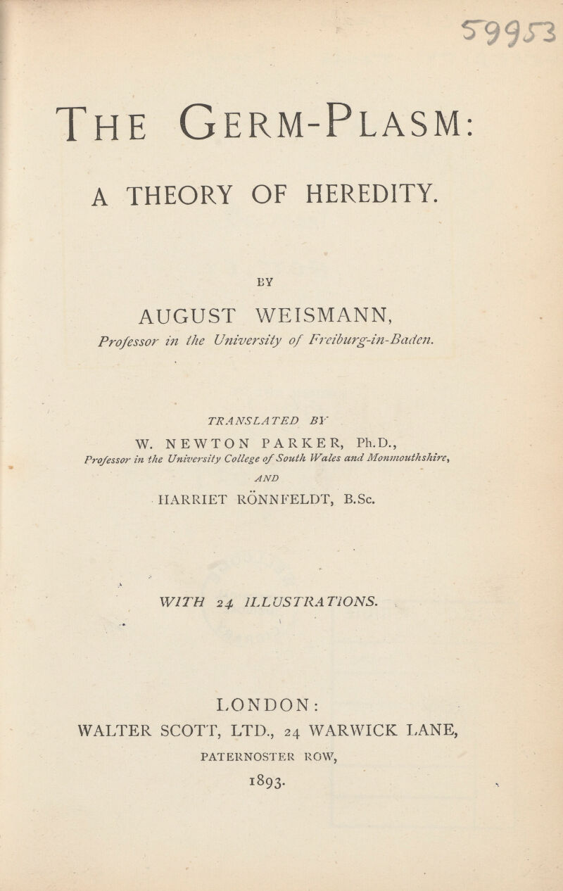 Titlepage of The Germ-Plasm: A Theory of Heredity by August Weismann ...