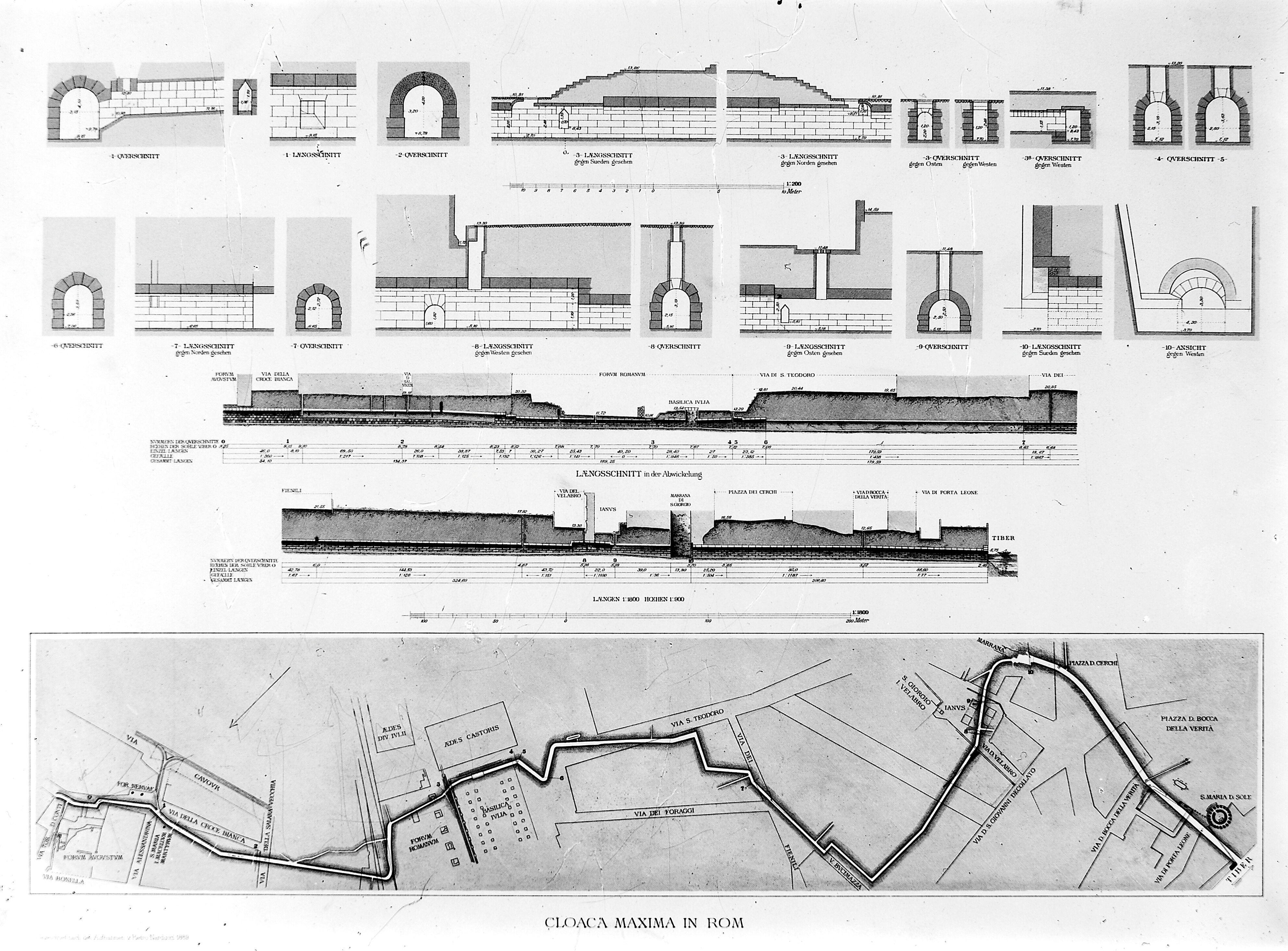 The Cloaca Maxima in Rome. Various sections and a plan of its course ...