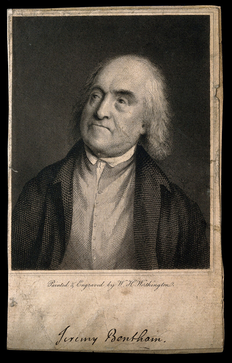 Jeremy Bentham. Line engraving by W. H. Worthington after himself ...
