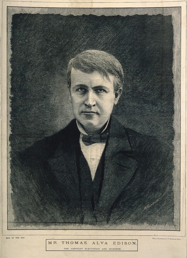 Thomas Alva Edison. Wood engraving by M. K. L. Wright after V. Daireaux ...