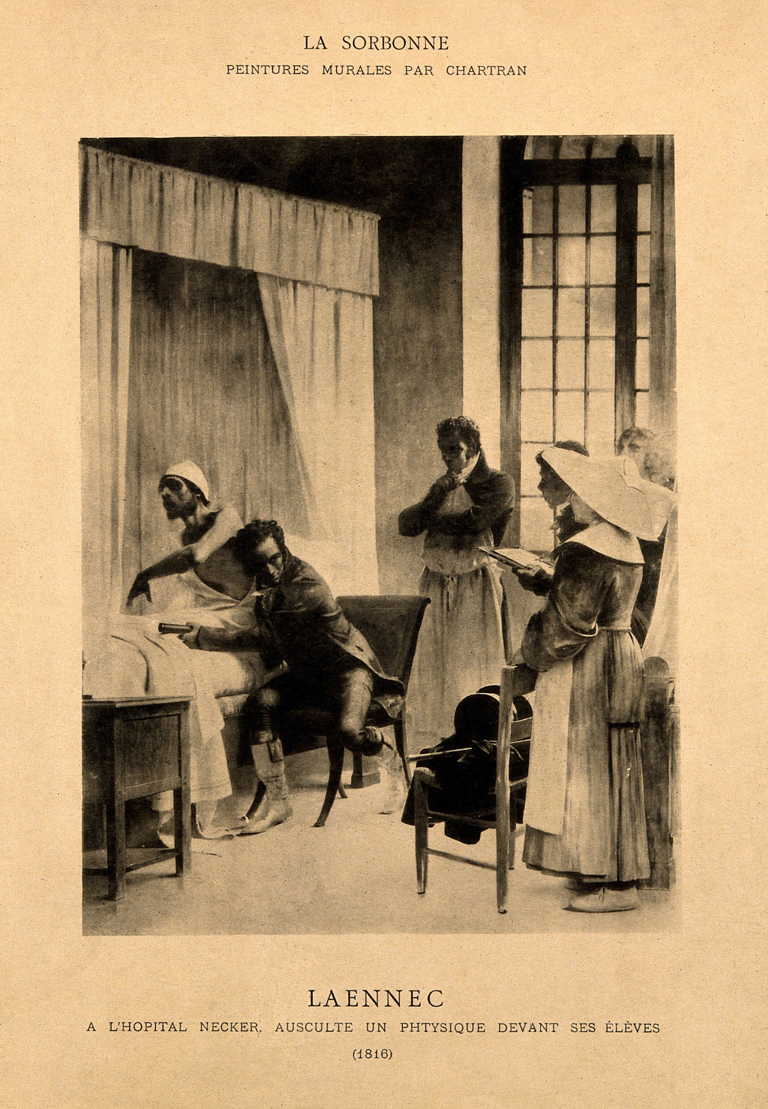 René Théophile Hyacinthe Laënnec auscultating a tubercular patient at ...