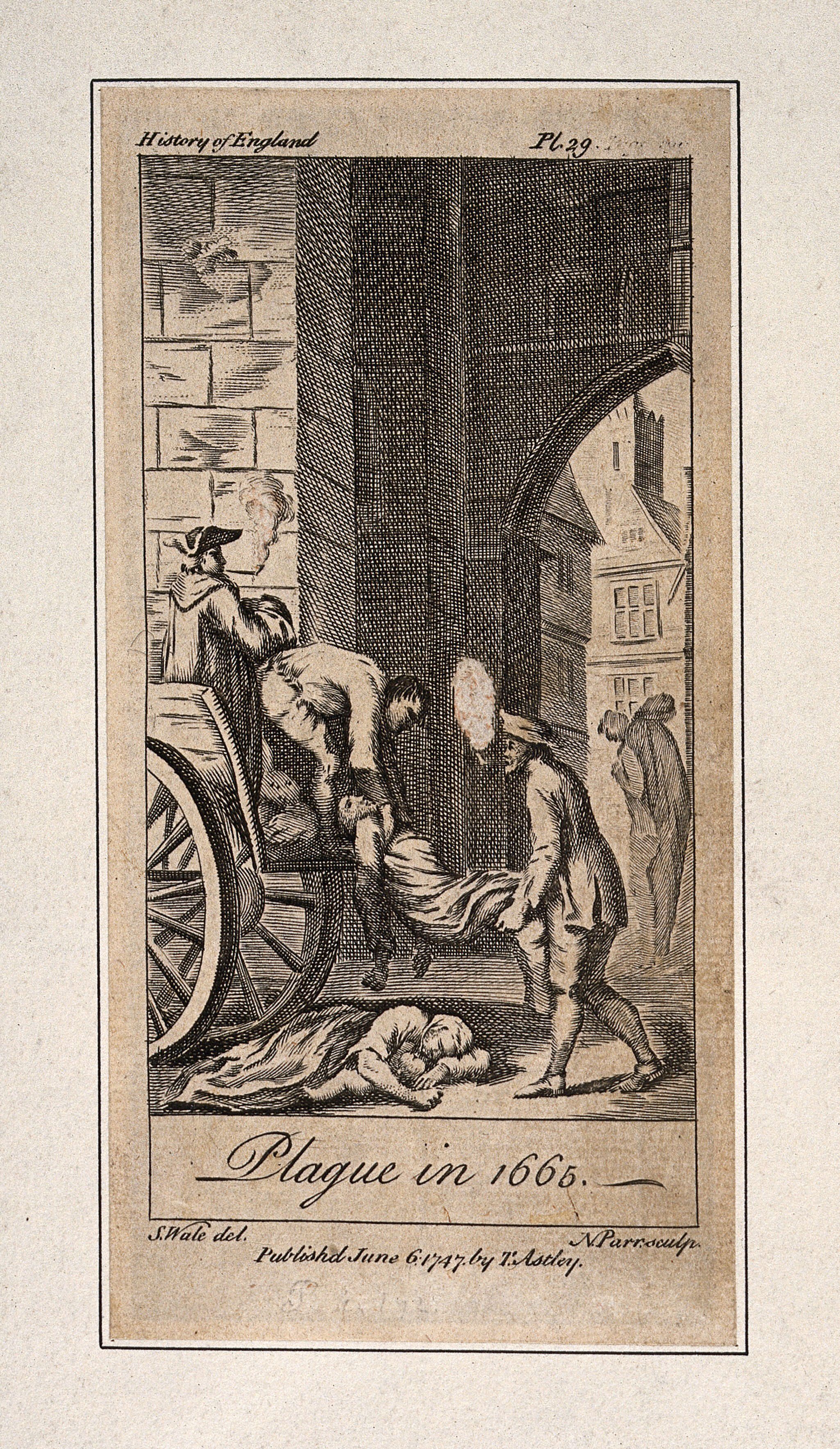 Victims of the plague in 1665 being lifted on to death carts. Engraving ...