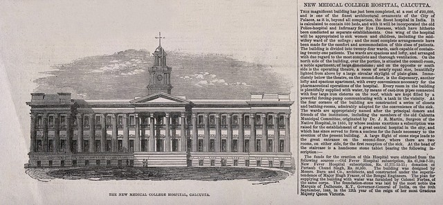 The new medical college hospital, Calcutta, India. Wood engraving, 1853 ...