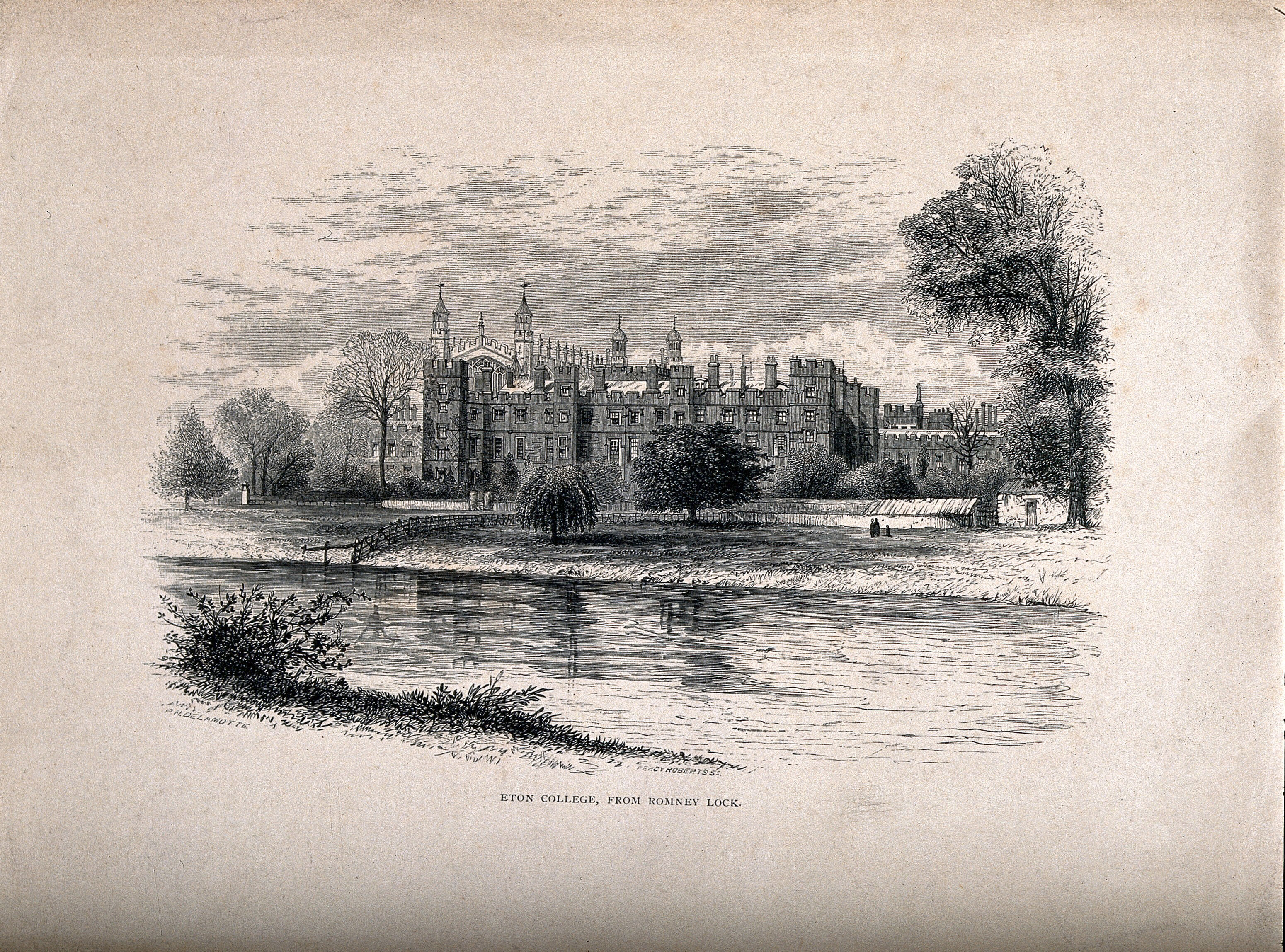 Eton College from Romney Lock, Berkshire. Wood engraving by P. Roberts ...