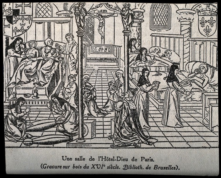 The Hôtel Dieu, Paris: interior showing patients being nursed by monks ...