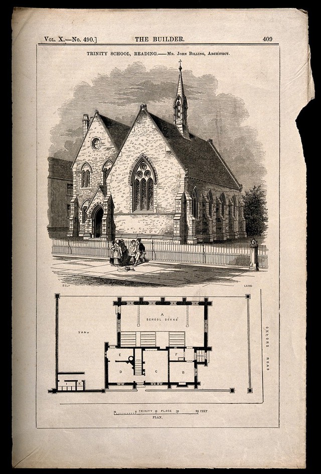 Trinity School, Reading: with a floor plan. Wood engraving by Laing ...