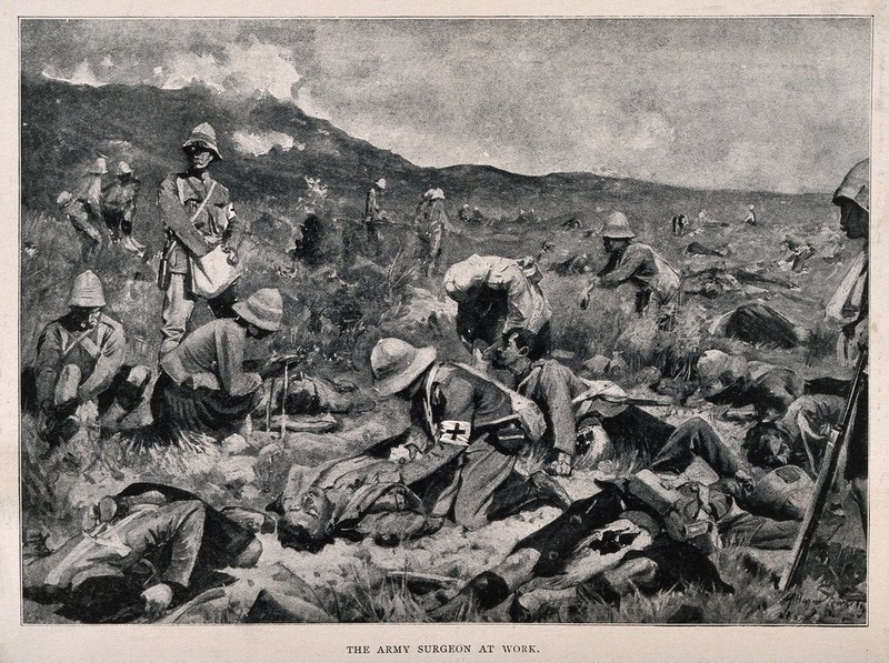 Boer War: an army surgeon at work on a battlefield where many lie ...