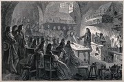 Sir Isaac Newton (?) showing an optical experiment to an audience in ...