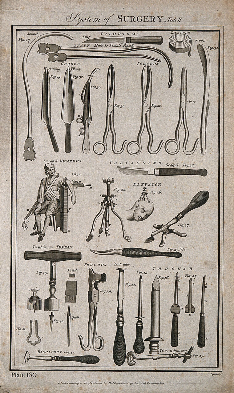 Surgical instruments, including a lithotomy knife, a trepanning scalpel ...