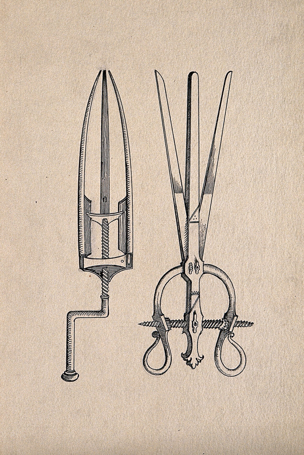 Surgical instruments. Drawing with watercolour. | Wellcome Collection