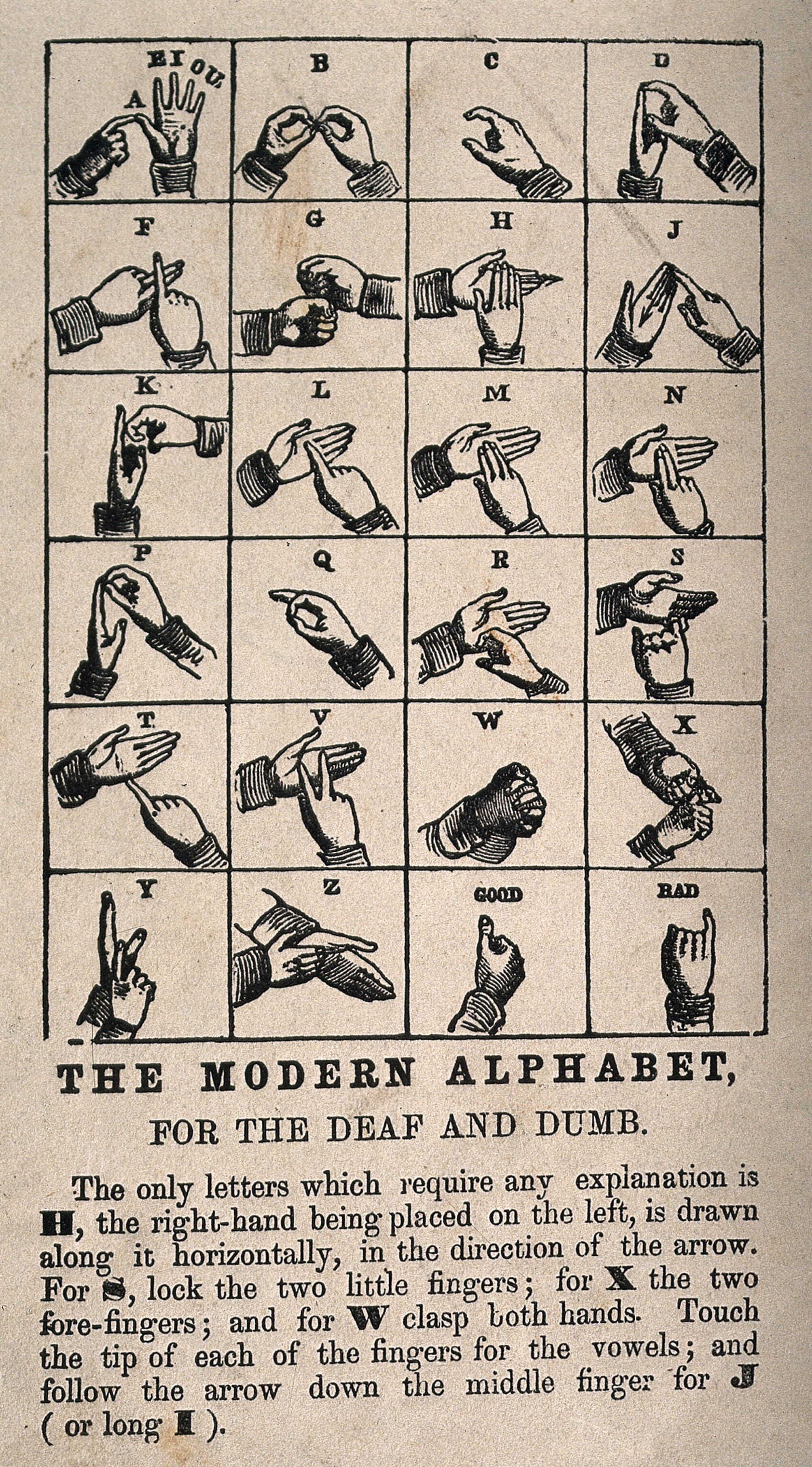 Hands showing the alphabet of sign language. Wood engraving. | Wellcome ...