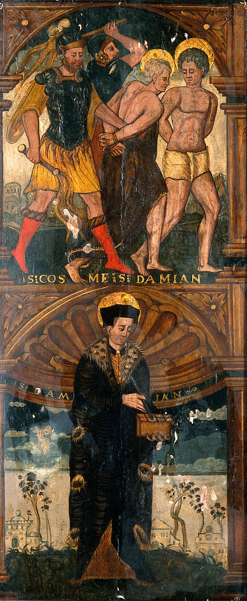 Saint Cosmas and Saint Damian being taken to martyrdom (above) and ...