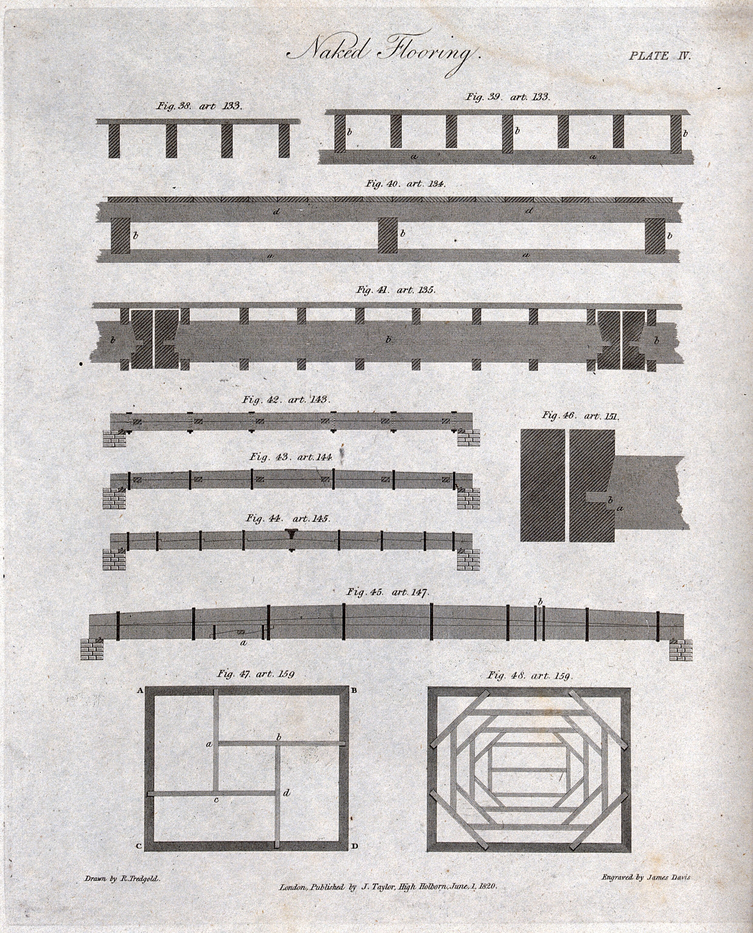Building: floor joists, simple and composite wooden beams. Engraving by ...