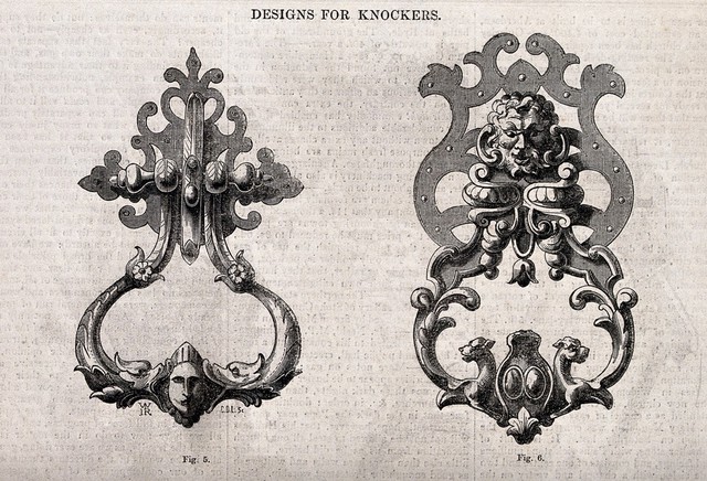 Architecture: two designs for door knockers. Wood engraving by C. D ...