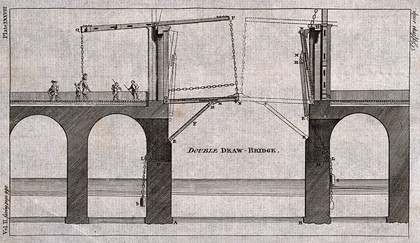 Bridges: a double drawbridge for ships to pass through. Engraving ...