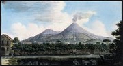 Mount Vesuvius from the sea shore above Resina. Coloured etching by ...