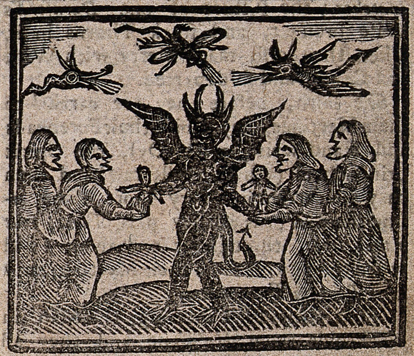 Witchcraft: witches giving babies to the devil. Woodcut, 1720 ...