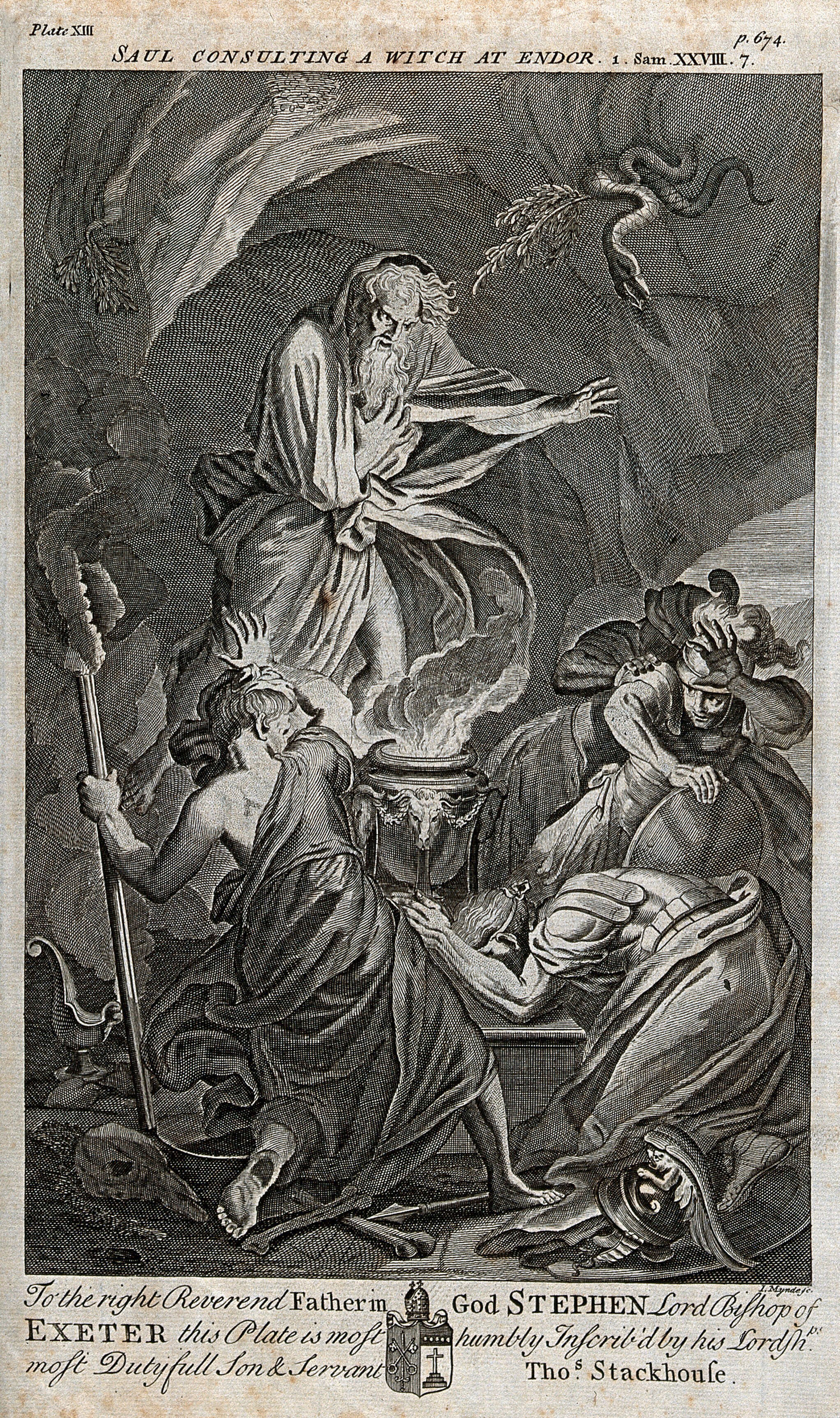Saul consults the witch of Endor. Engraving by J. Mynde, c. 1737 ...
