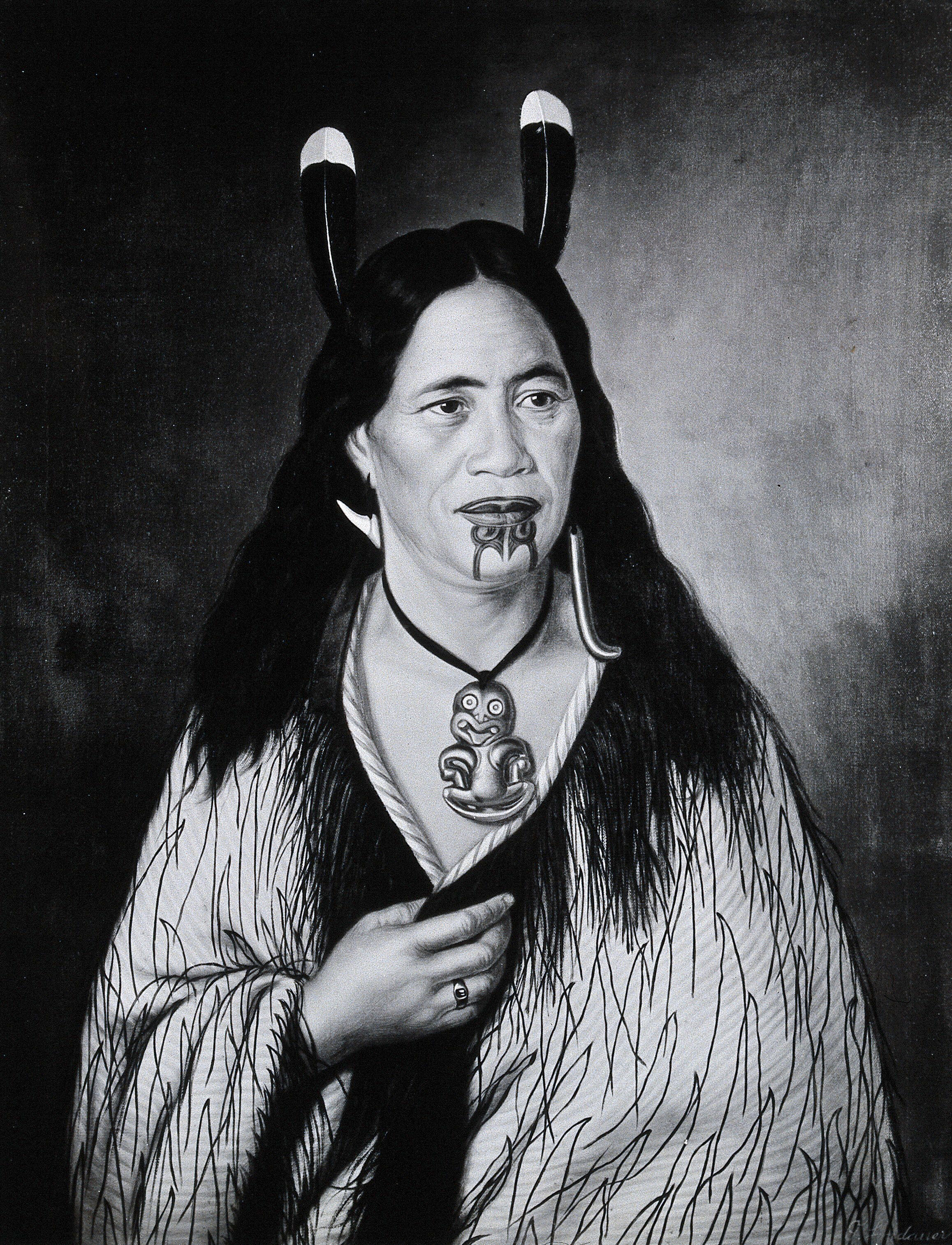 New Zealand: a Maori chief's wife wearing tiki and pendant. Photograph ...