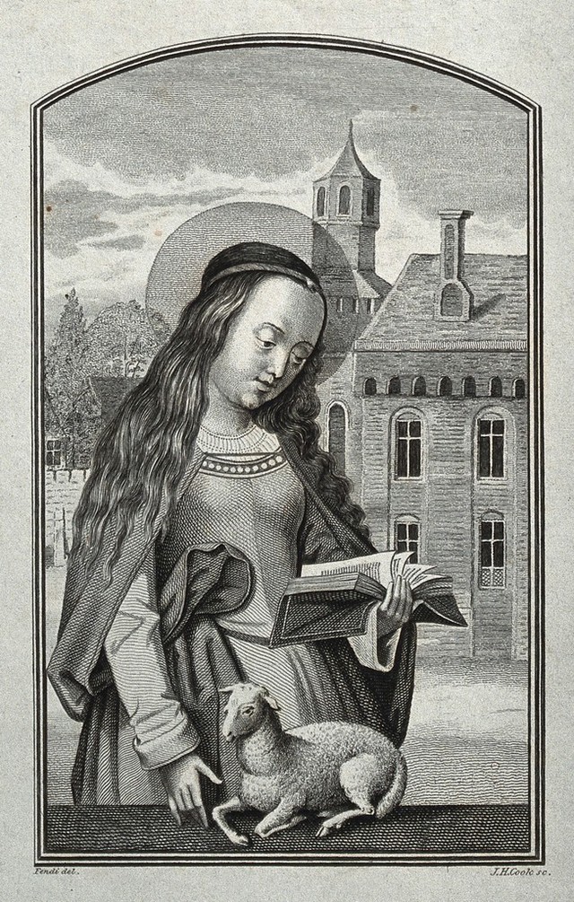 Saint Agnes. Engraving by J.H. Cook after P. Fendi. | Wellcome Collection