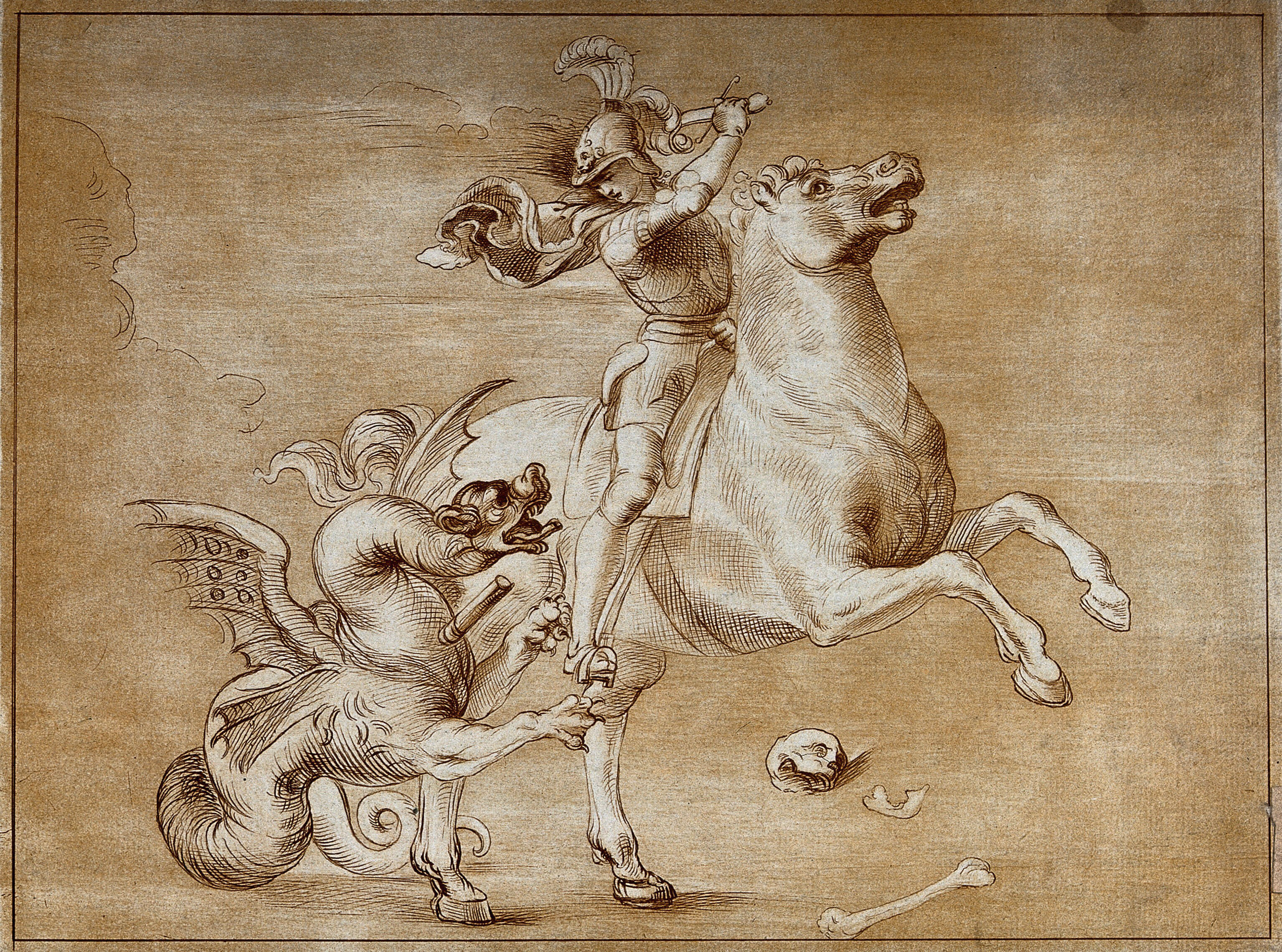 Saint George on horseback about to kill the dragon with his sword ...