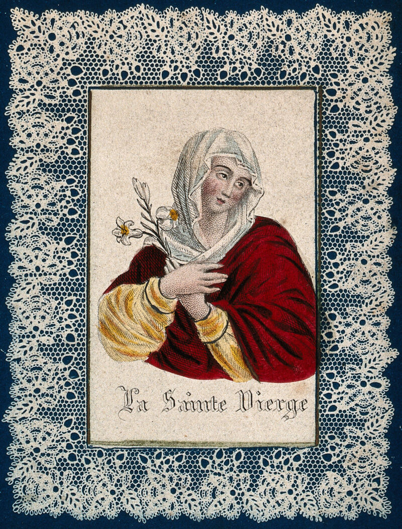 Saint Mary (the Blessed Virgin). Coloured reproduction of an engraving ...