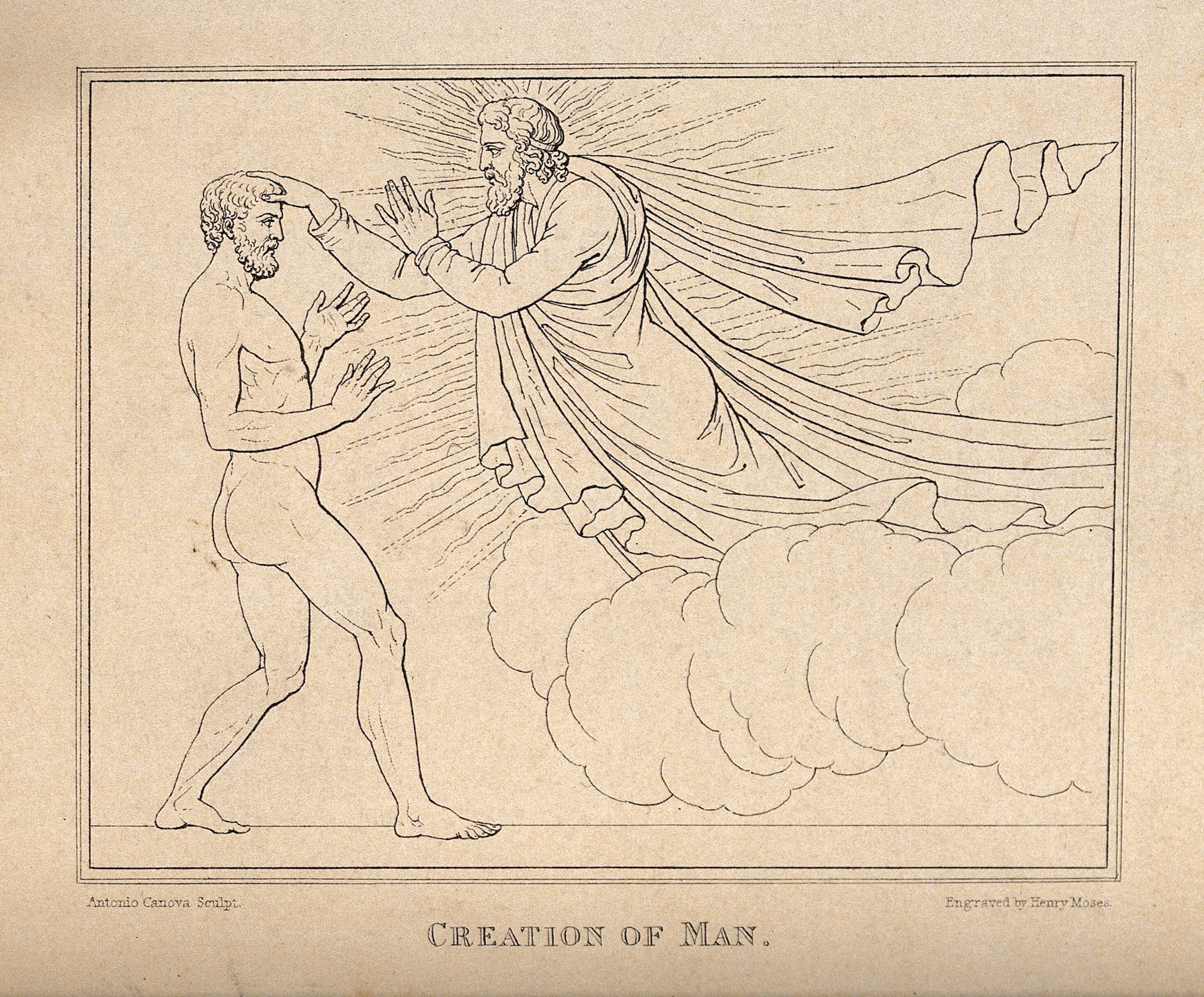 God creates man, his hand inspiring life into the head of Adam. Etching ...