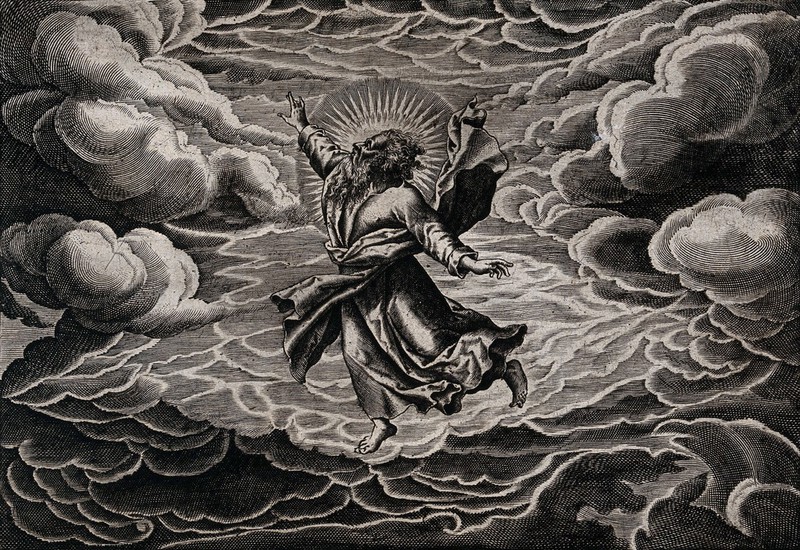 The second day of Creation: God, suspended in the clouds, divides the ...