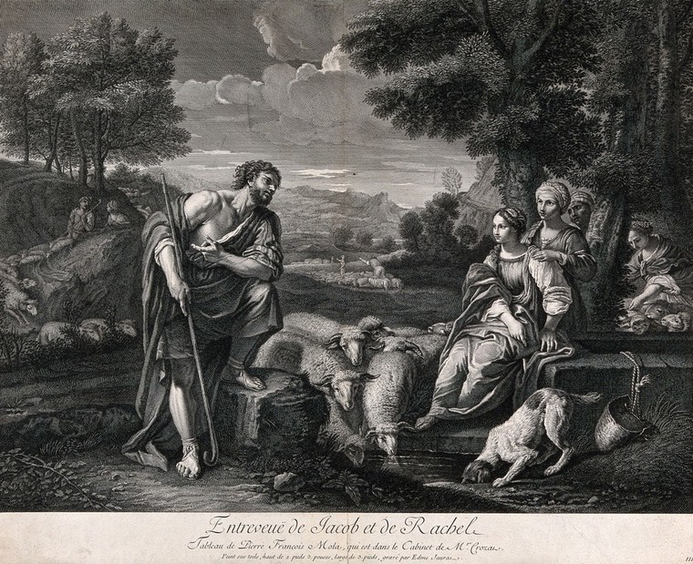 Jacob meets Rachel and falls in love. Engraving by E. Jauras after P.F ...