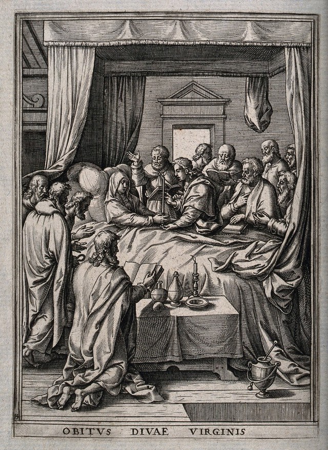 Mary enters her Dormition holding a candle, surrounded by the apostles ...