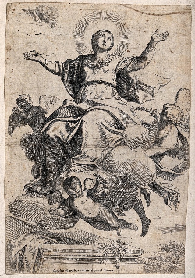 The Assumption of the Virgin Mary, borne by angels. Etching by C ...
