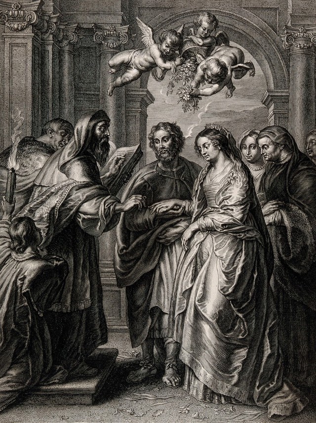 The marriage of Mary and Joseph. Engraving by S.A. Bolswert after P.P ...
