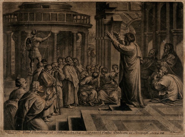 St Paul preaches before a crowd in Athens. Mezzotint by J. Simon after ...