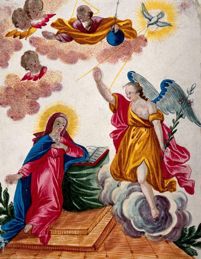 The angel announces to the Virgin that she will give birth to Christ ...