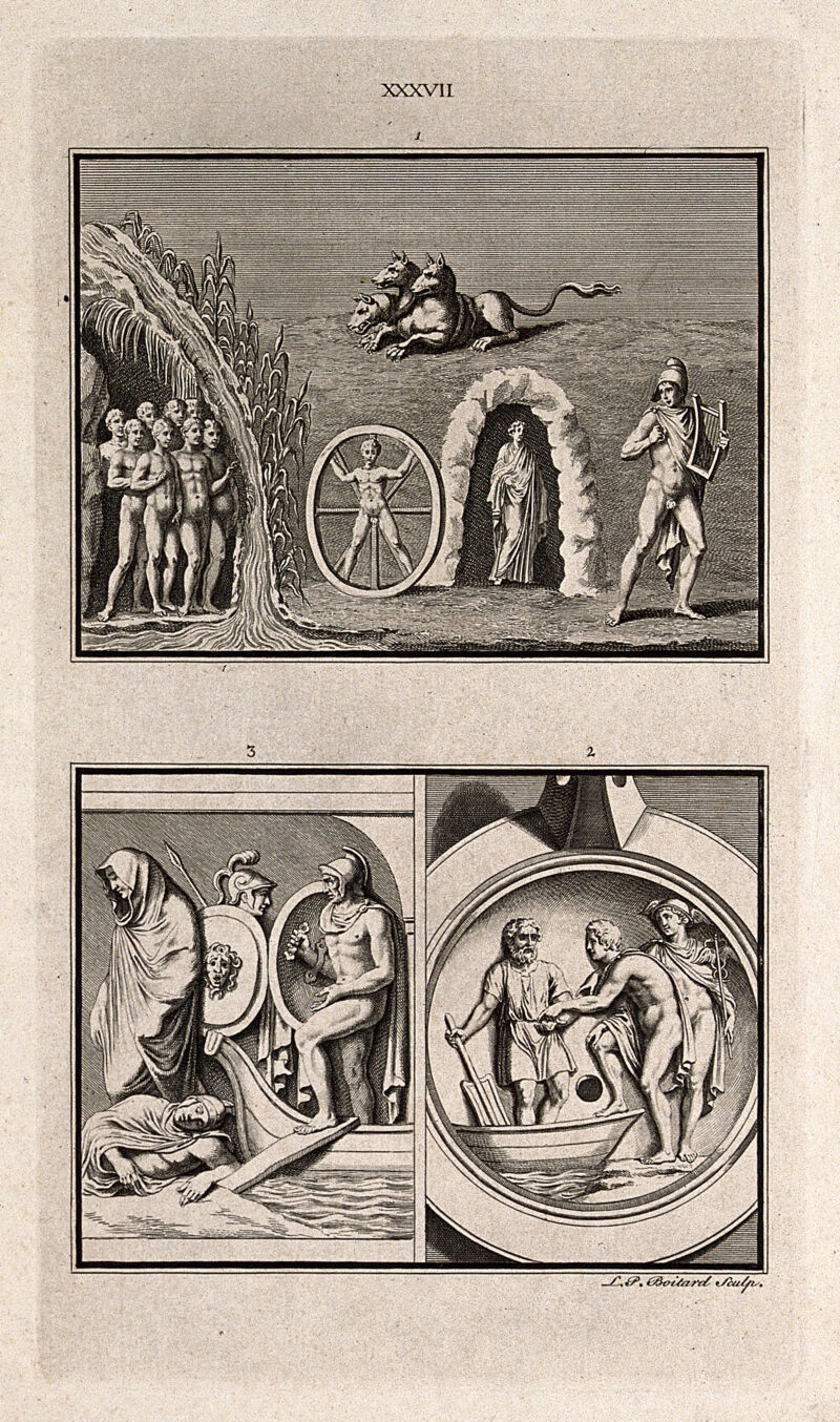 Scenes in the underworld; spirits of the dead disembarking from the ...