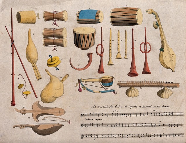 A variety of musical instruments; percussion, string and wind, and a ...
