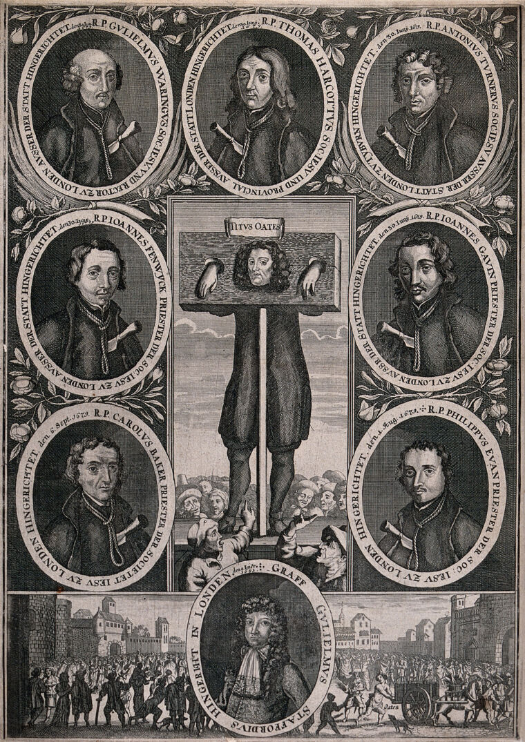 Titus Oates standing in the pillory surrounded by medaillons of people ...
