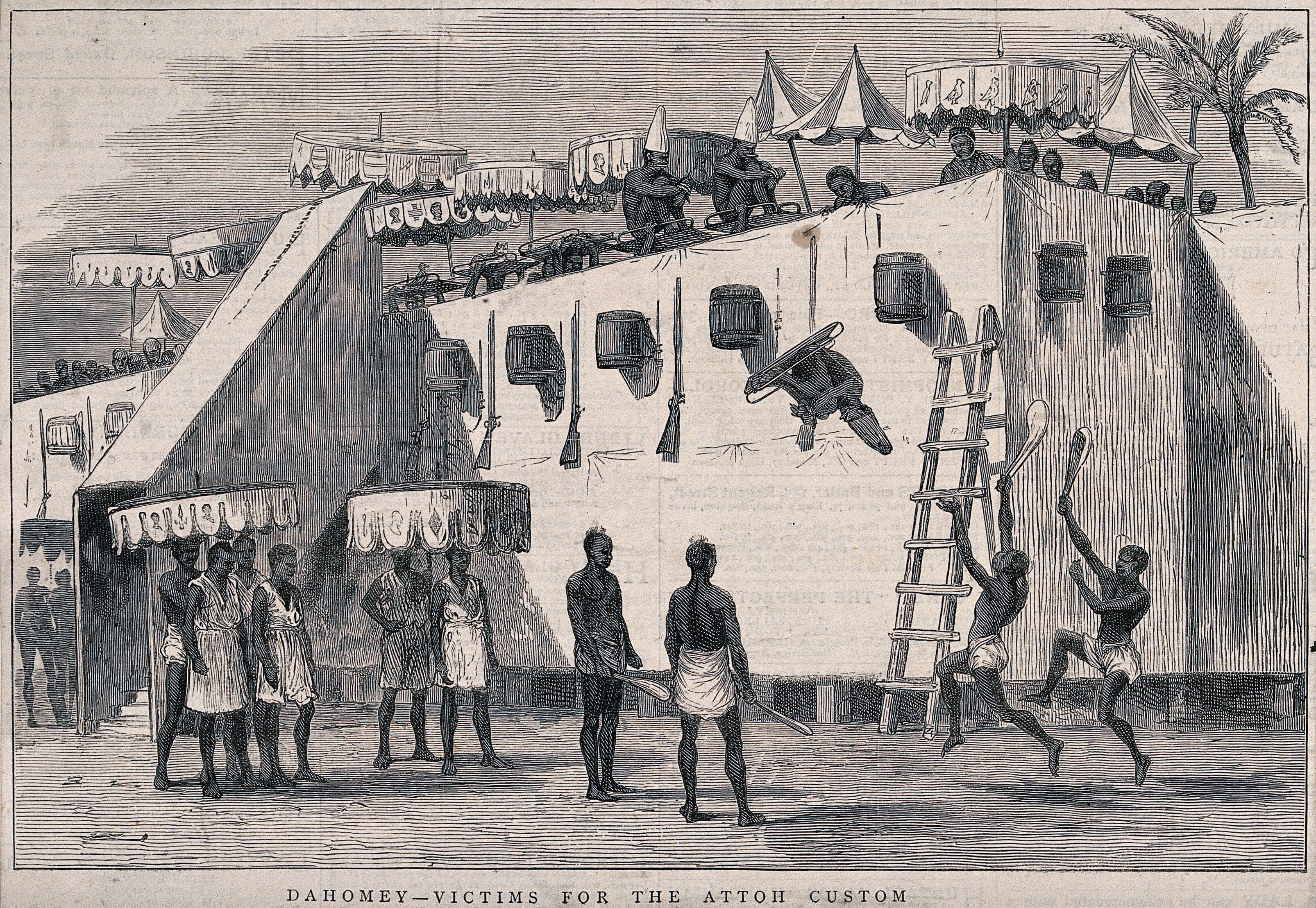 Victims of torture are tied to wooden planks and thrown off a wall at ...