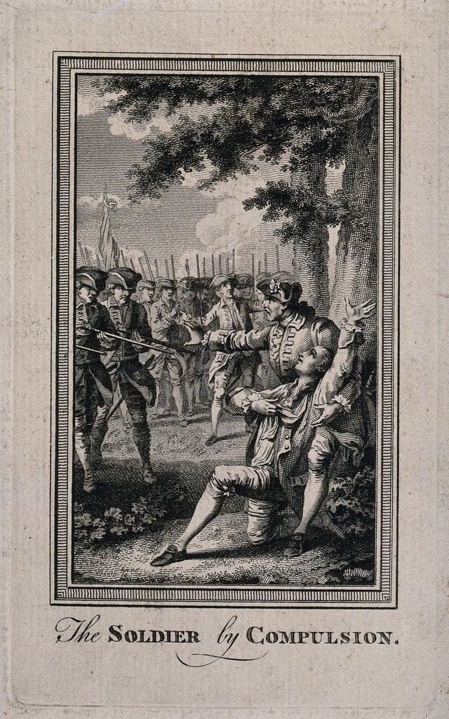 A soldier protects an unarmed man from approaching soldiers. Engraving ...