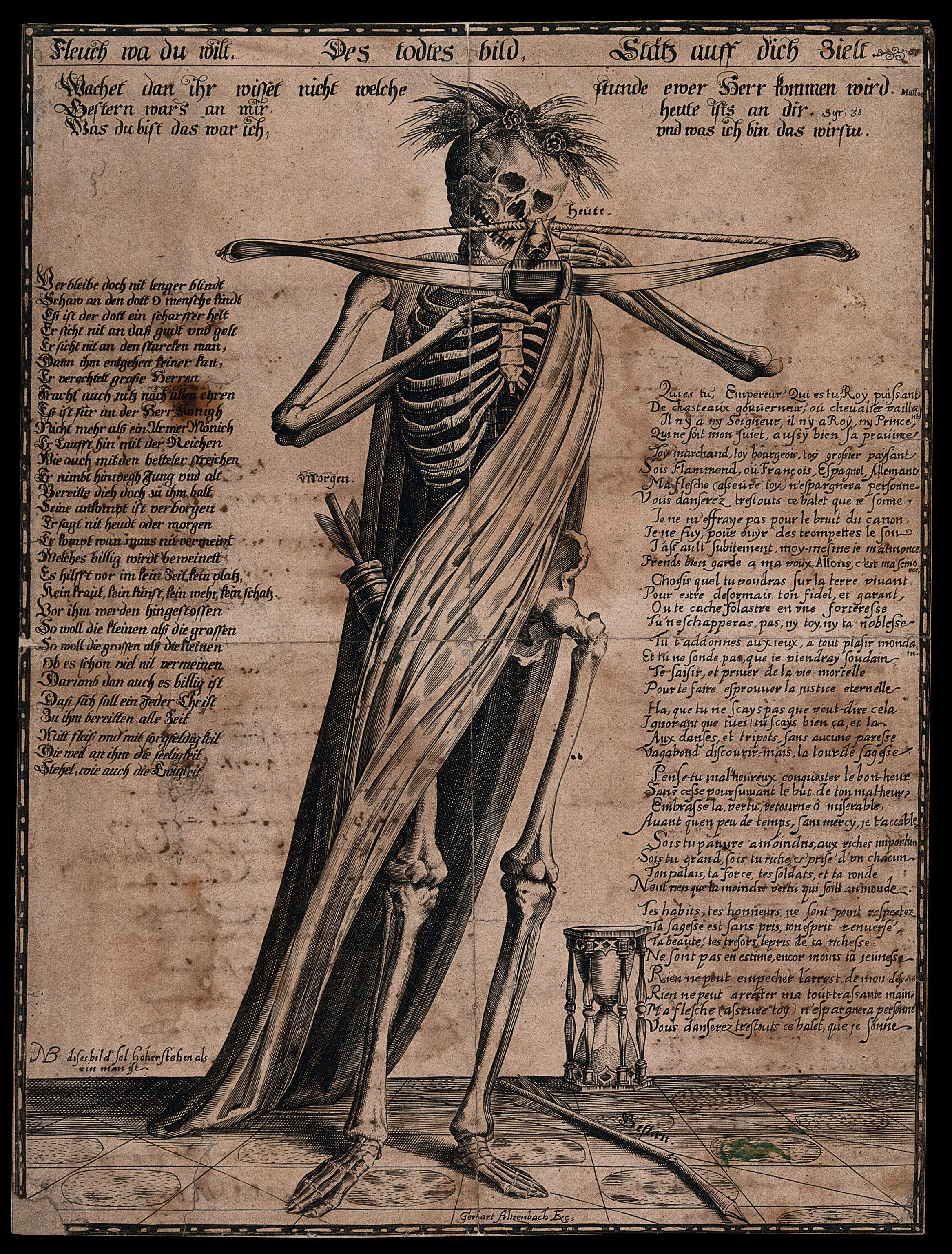A skeleton with bow and arrow. Etching attributed to Gerhart Altzenbach ...