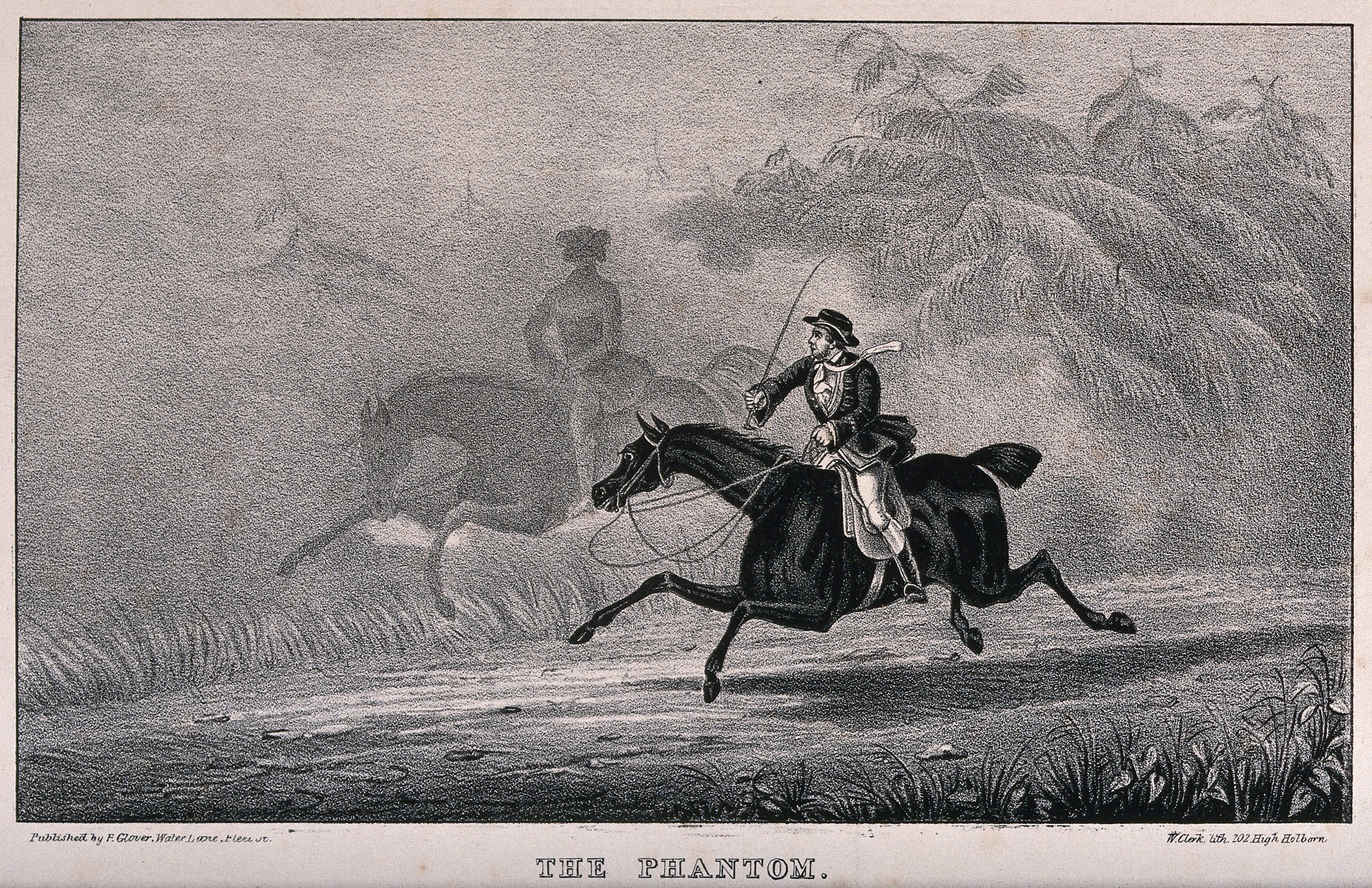The highwayman Dick Turpin, on horseback, sees a phantom riding next to ...