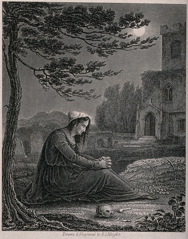 A distressed woman kneeling next to a skull in a cemetery. Engraving by ...
