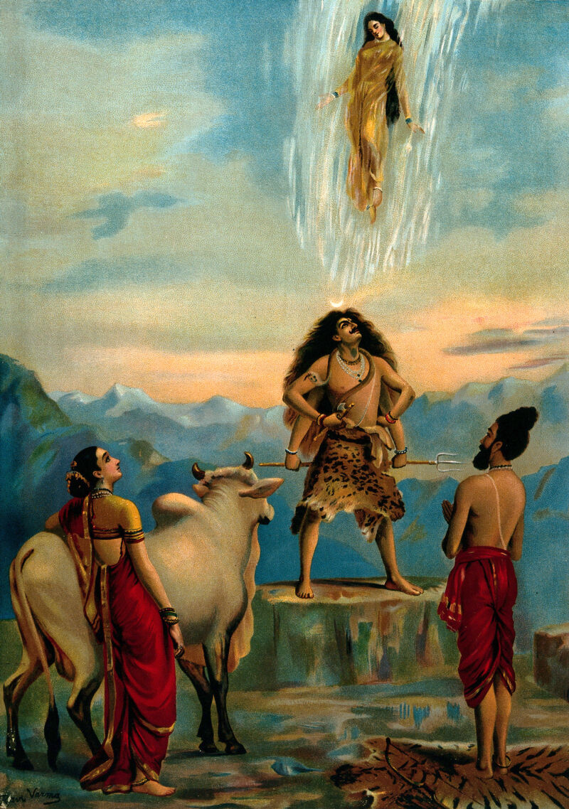 Gangā and the river Ganges falling from heaven, while Shiva waits below ...