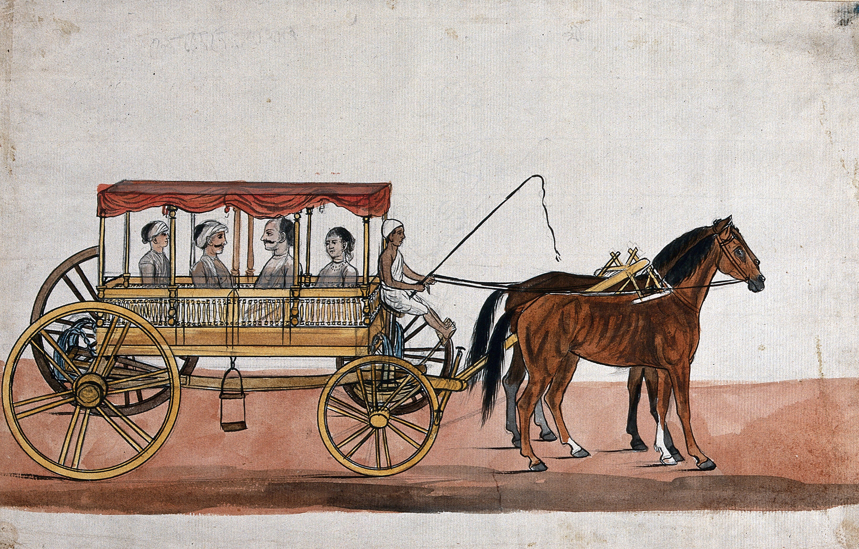 Four people sitting in a horse drawn carriage with a canopied top ...