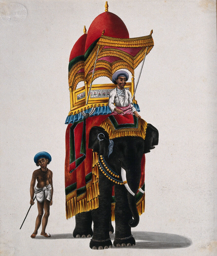An elephant carrying a howdah, with two attendants. Gouache by an ...