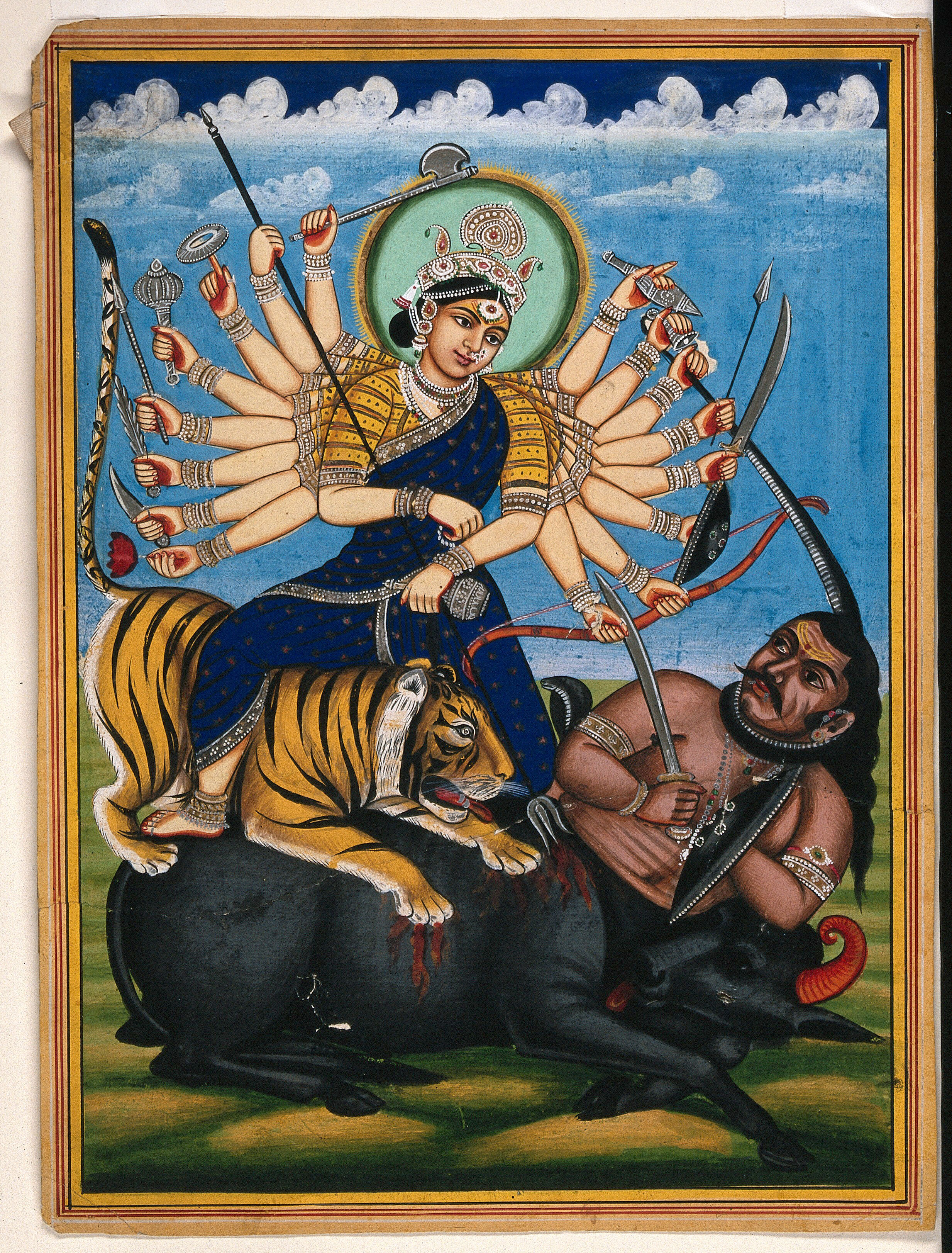 Durga kills the buffalo demon. Gouache painting by an Indian artist ...