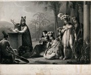 An Inca priest makes a sacrifice to the sun; representing the continent ...