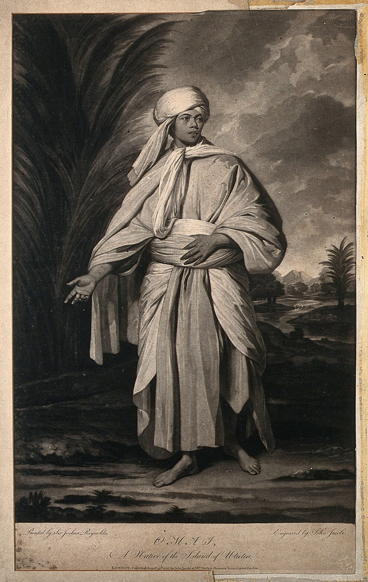 Omai, a man from the island of Raiatea, Polynesia. Mezzotint by J ...